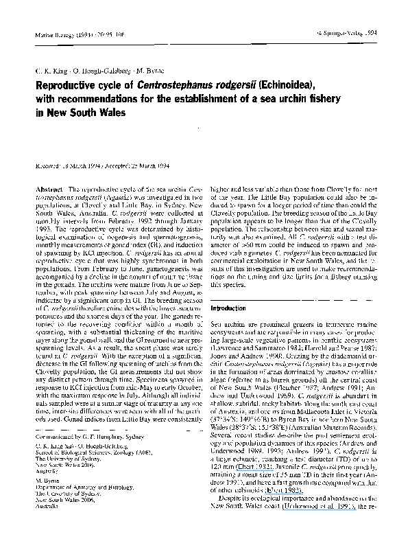 (PDF) Reproductive cycle of Centrostephanus rodgersii (Echinoidea ...