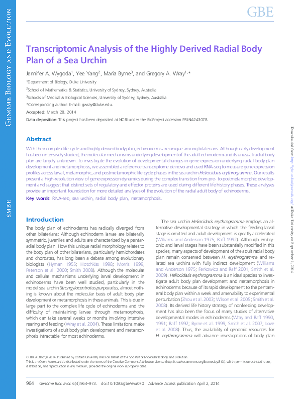 (PDF) Transcriptomic Analysis of the Highly Derived Radial Body Plan of ...