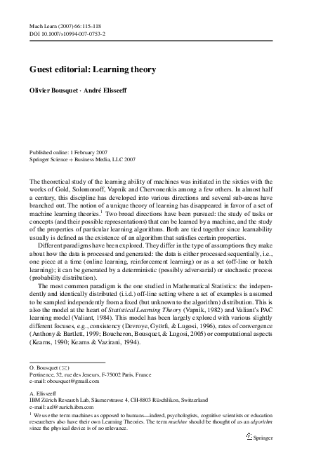 (PDF) Guest editorial: Learning theory