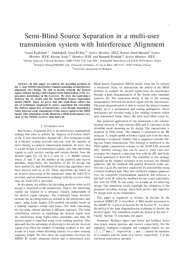 Pdf Semi Blind Source Separation In A Multi User Transmission System With Interference Alignment