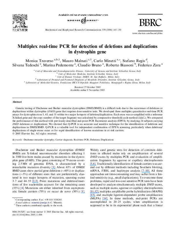 (PDF) Multiplex real-time PCR for detection of deletions and duplications in dystrophin gene