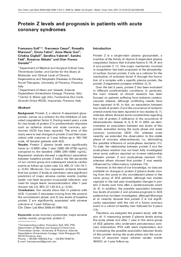 (PDF) Protein Z levels and prognosis in patients with acute coronary ...