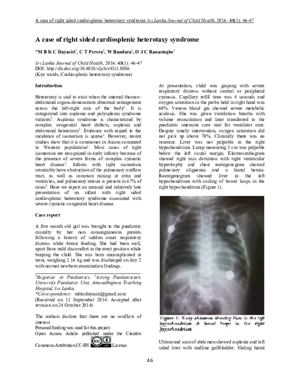 (PDF) A case of right sided cardiosplenic heterotaxy syndrome | Jagath ...