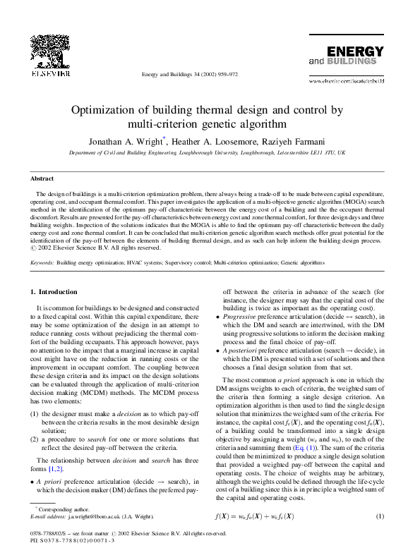 Pdf Optimization Of Building Thermal Design And Control By Multi Criterion Genetic Algorithm