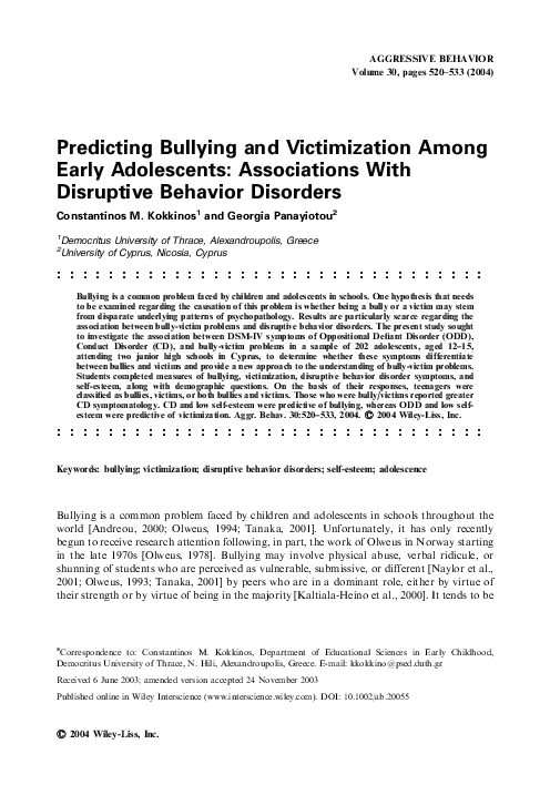 (PDF) Predicting bullying and victimization among early adolescents: Associations with ...