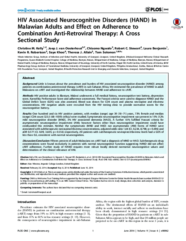 (PDF) HIV associated neurocognitive disorders (HAND) in Malawian adults ...