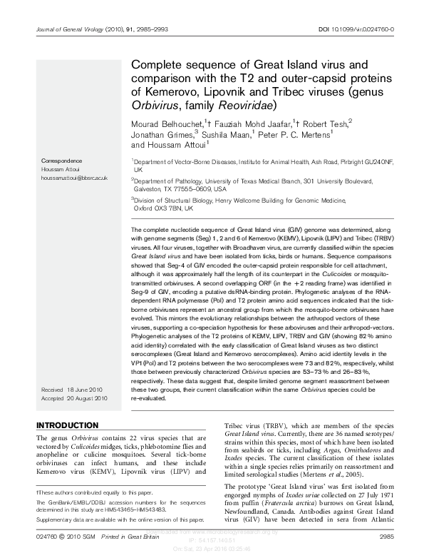 (PDF) Complete sequence of Great Island virus and comparison with the ...