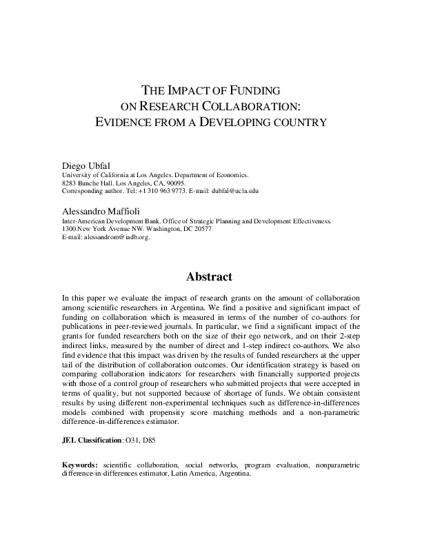 (PDF) The impact of funding on research collaboration: Evidence from a ...