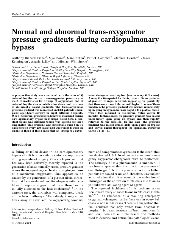 (PDF) Normal and abnormal trans-oxygenator pressure gradients during ...