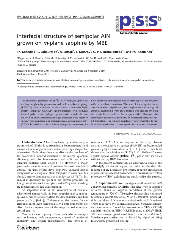 (PDF) Interfacial structure of semipolar AlN grown on m-plane sapphire ...