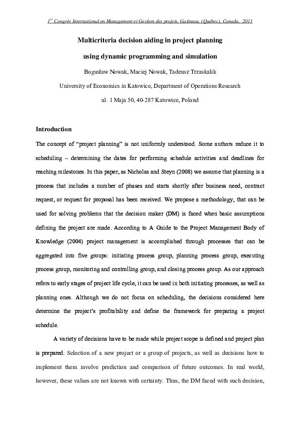 (PDF) Multicriteria decision aiding in project planning using dynamic ...