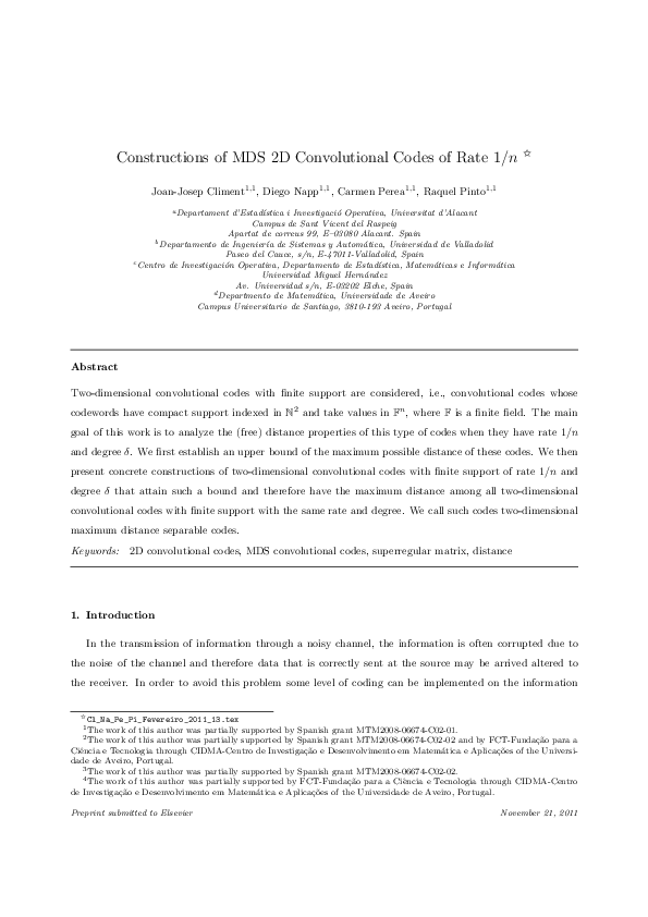 Pdf A Construction Of Mds 2d Convolutional Codes Of Rate Based On Superregular Matrices Joan