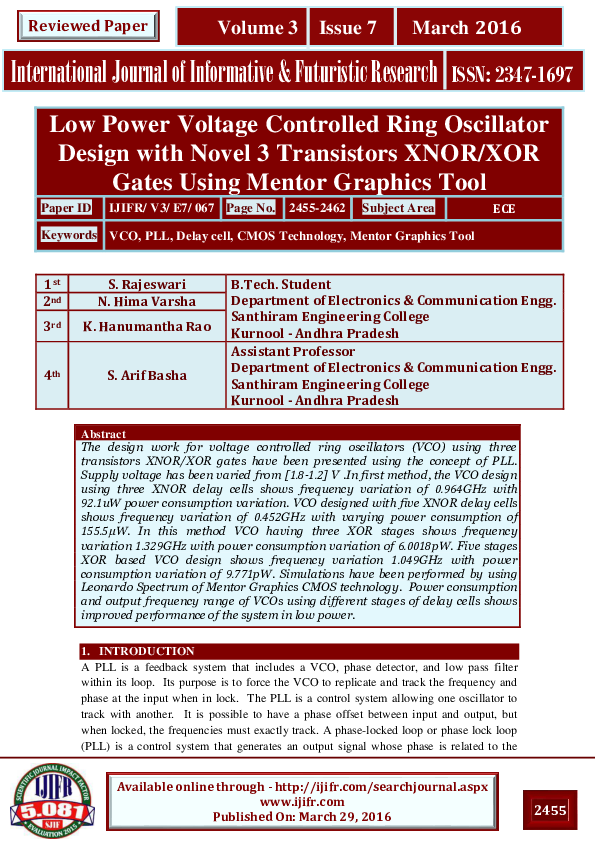 (PDF) Low Power Voltage Controlled Ring Oscillator Design with Novel 3 Transistors XNOR/XOR ...