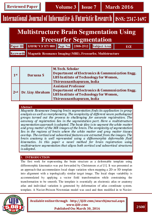 Pdf Multistructure Brain Segmentation Using Freesurfer Segmentation