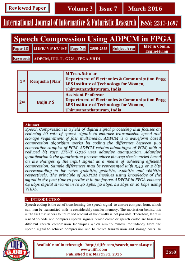 Pdf Speech Compression Using Adpcm In Fpga