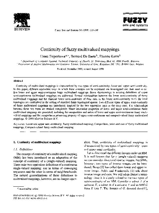 (PDF) Continuity of fuzzy multivalued mappings