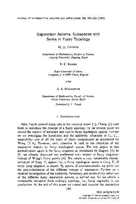 Pdf Separation Axioms Subspaces And Sums In Fuzzy Topology
