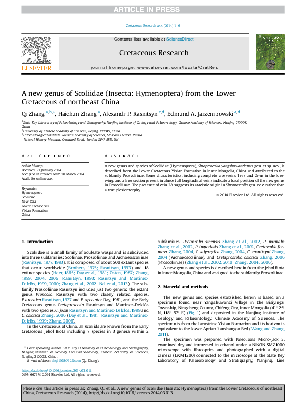 (PDF) A new genus of Scoliidae (Insecta: Hymenoptera) from the Lower ...