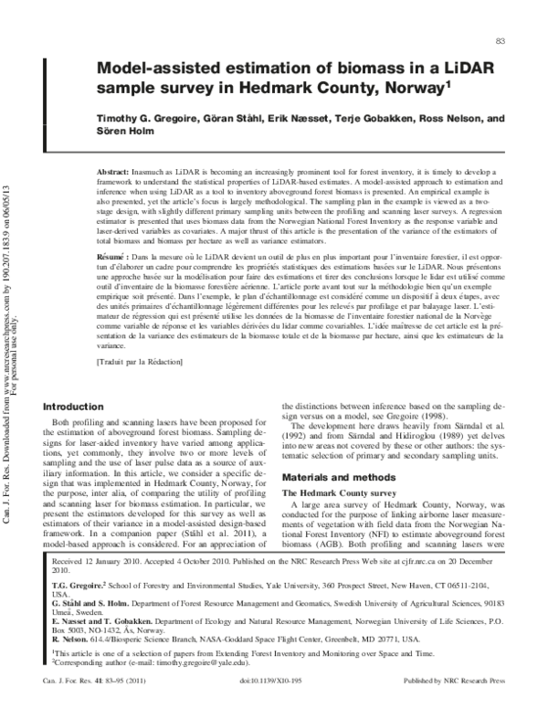 Pdf Model Assisted Estimation Of Biomass In A Lidar Sample Survey In Hedmark County