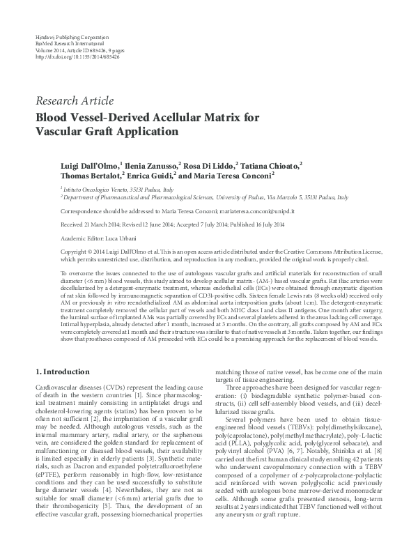 (PDF) Blood Vessel-Derived Acellular Matrix for Vascular Graft Application