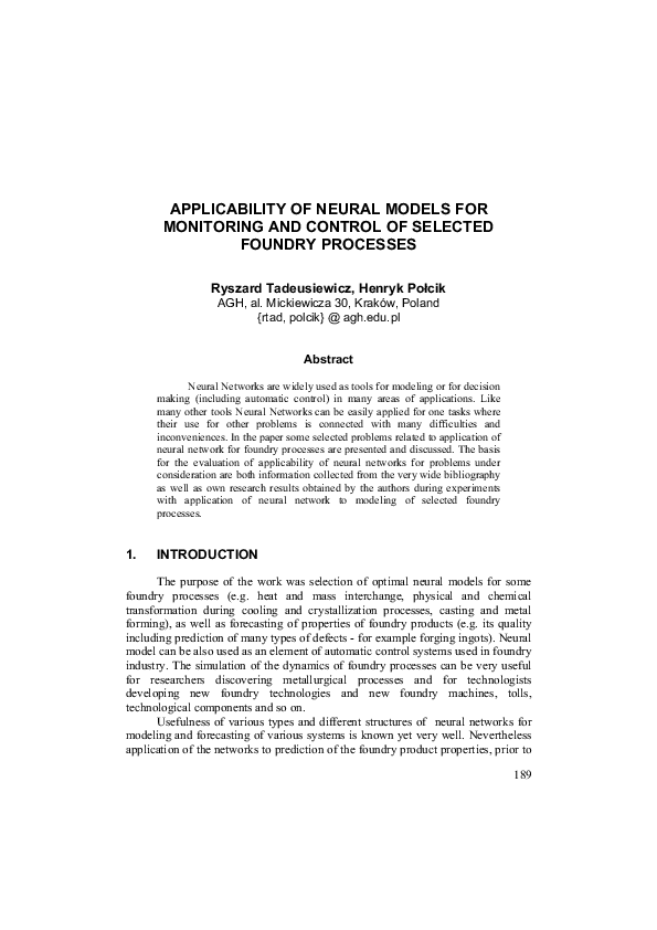(PDF) Applicability of Neural Models for Monitoring and Control of ...