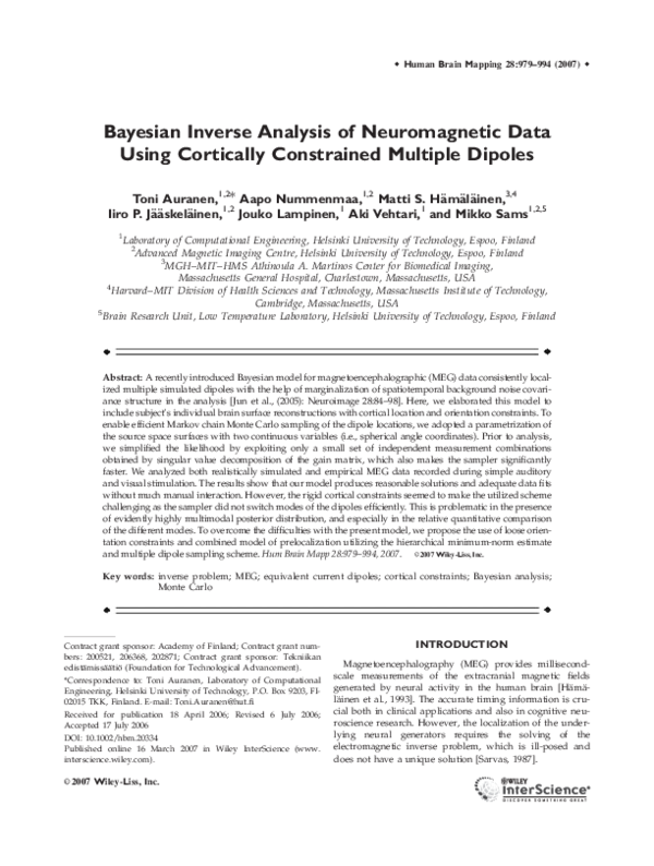 (PDF) Bayesian inverse analysis of neuromagnetic data using cortically constrained multiple dipoles