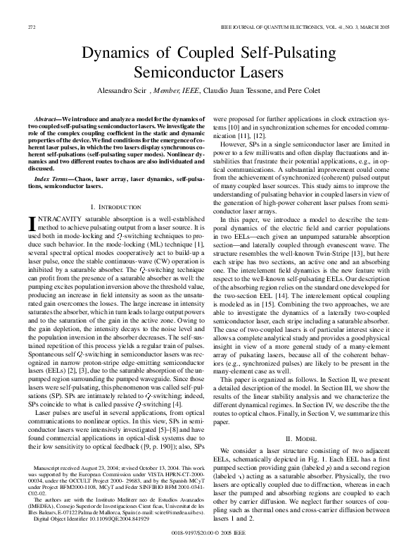 (PDF) Dynamics of coupled self-pulsating semiconductor lasers