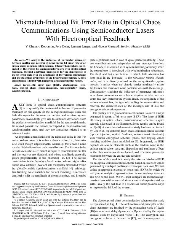 (PDF) Mismatch-induced bit error rate in optical chaos communications using semiconductor lasers ...