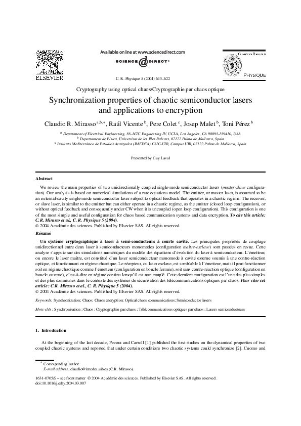 (PDF) Synchronization properties of chaotic semiconductor lasers and applications to encryption