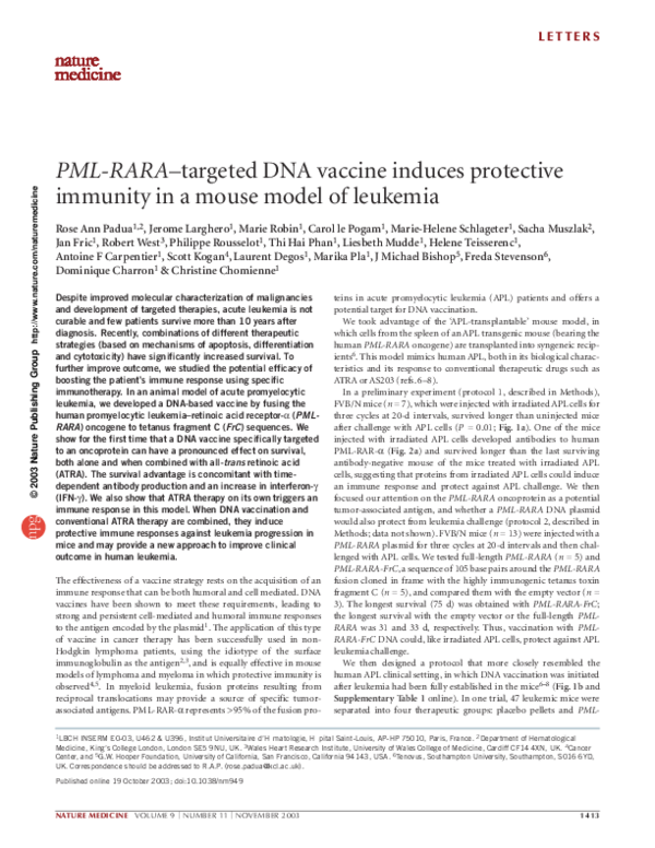 (PDF) PML-RARA–targeted DNA vaccine induces protective immunity in a ...