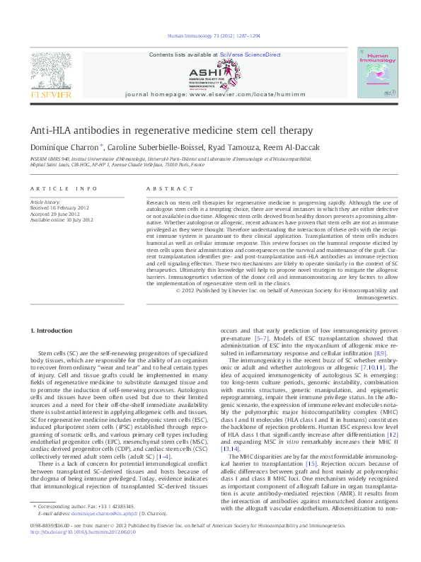 (PDF) Anti-HLA antibodies in regenerative medicine stem cell therapy