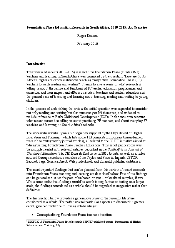 (DOC) Foundation Phase Education Research in South Africa, 2010-2015 ...