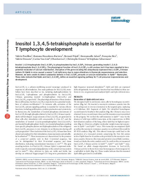 (PDF) Inositol 1,3,4,5-tetrakisphosphate is essential for T lymphocyte development