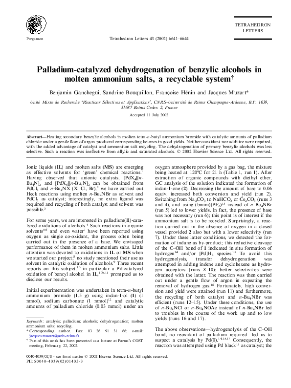 (PDF) Palladium-catalyzed dehydrogenation of benzylic alcohols in ...