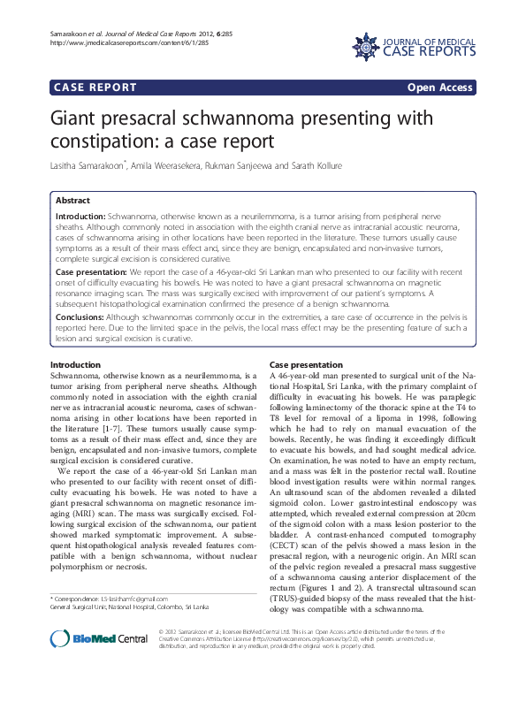(PDF) Giant presacral schwannoma presenting with constipation: a case ...