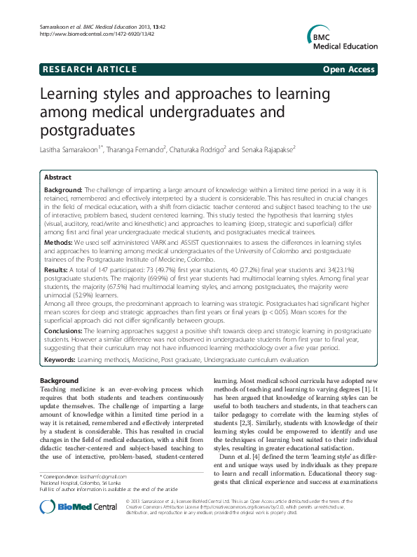 (PDF) Learning styles and approaches to learning among medical ...
