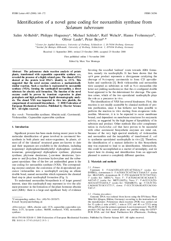 (PDF) Identification of a novel gene coding for neoxanthin synthase from Solanum tuberosum