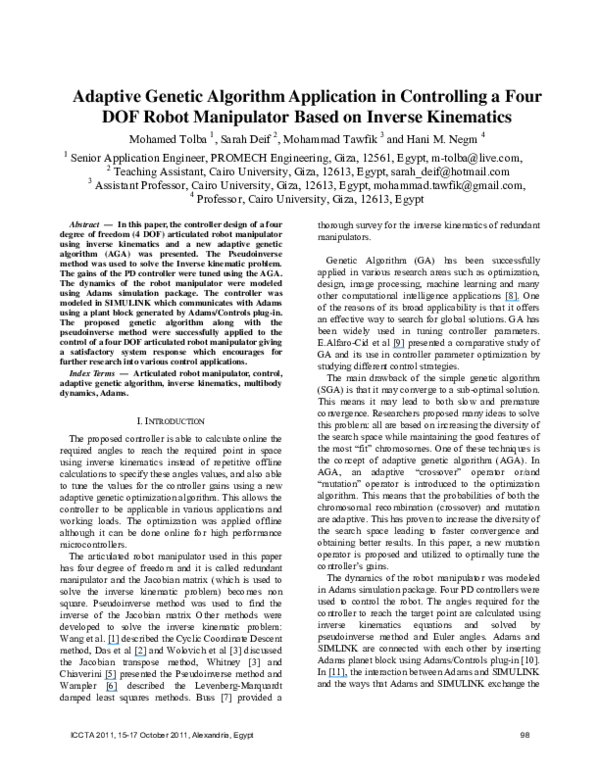 (PDF) Adaptive Genetic Algorithm Application in Controlling a Four DOF Robot Manipulator Based ...