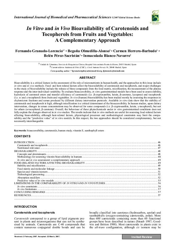 In Vitro and in Vivo Bioavailability of Carotenoids and Tocopherols from Fruits and Vegetables ...