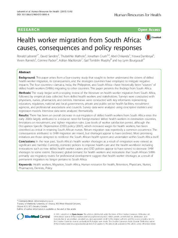 (PDF) Health Worker Migration from South Africa: Causes, Consequences ...