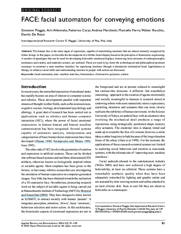 (PDF) FACE: facial automaton for conveying emotions