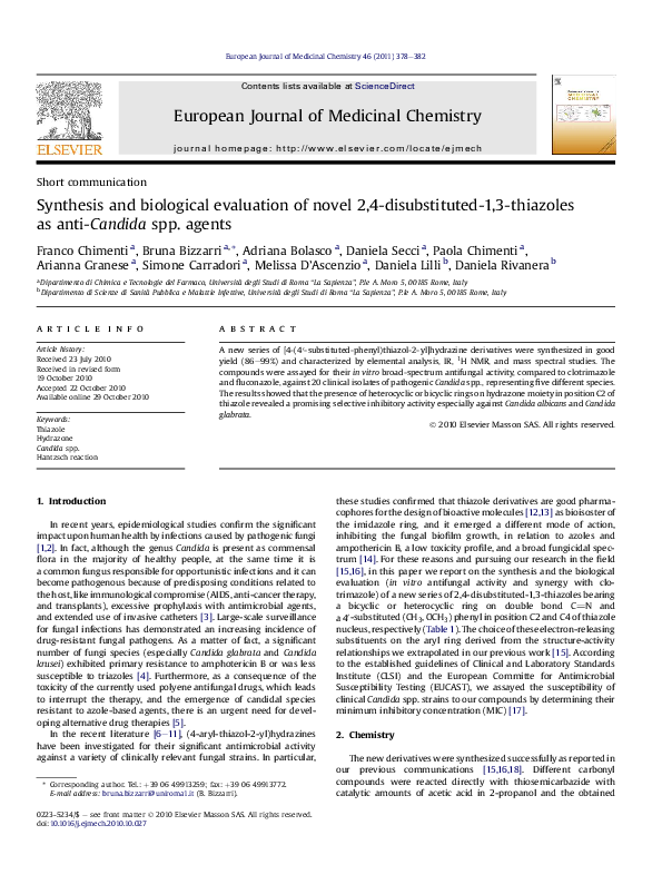(PDF) Synthesis and biological evaluation of novel 2,4-disubstituted-1,3-thiazoles as anti ...