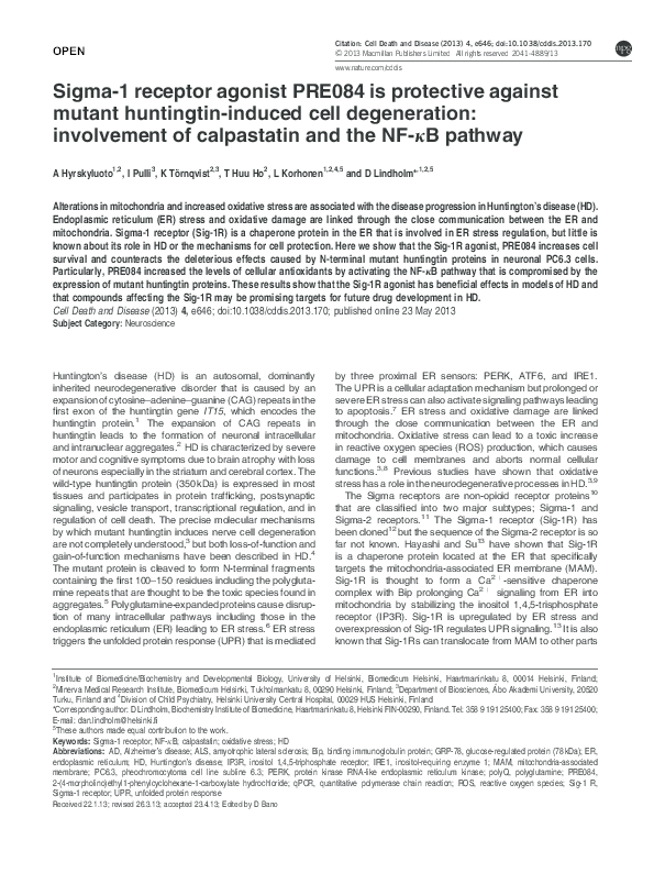 (PDF) Sigma-1 receptor agonist PRE084 is protective against mutant ...