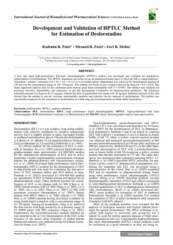 Development and Validation of HPTLC Method for Estimation of Desloratadine