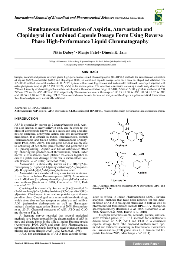 Simultaneous Estimation of Aspirin, Atorvastatin and Clopidogrel in Combined Capsule Dosage Form ...