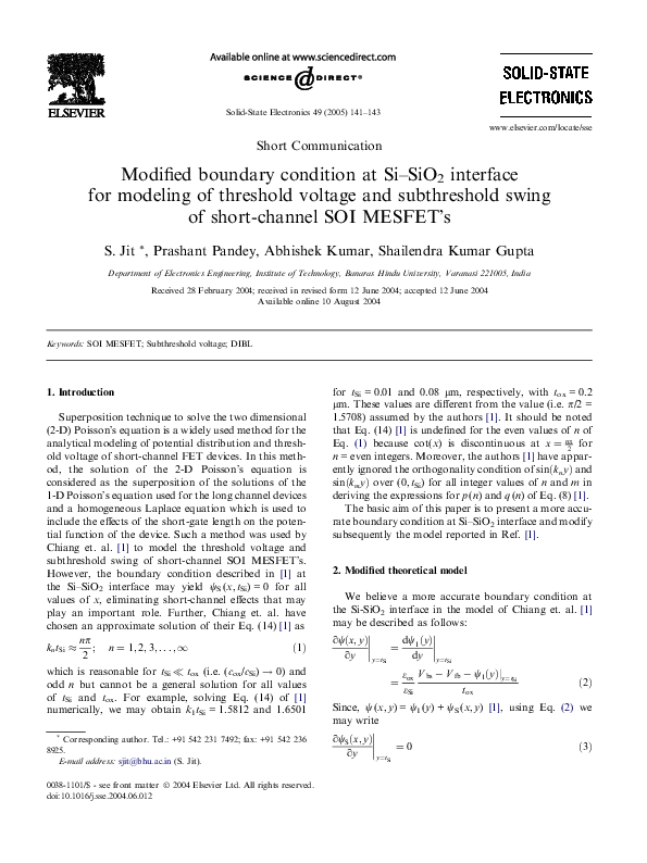 (PDF) Modified boundary condition at Si–SiO2 interface for modeling of threshold voltage and ...