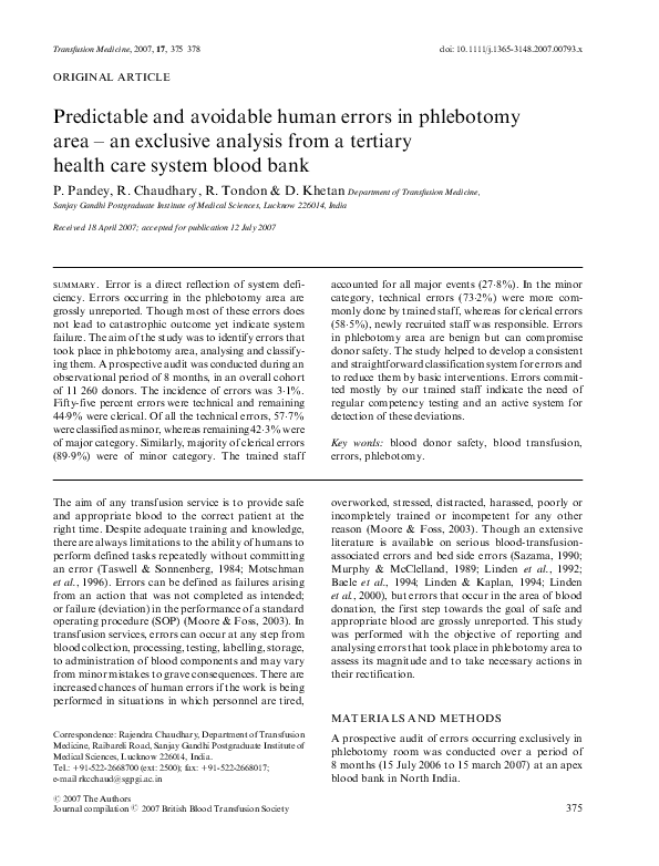 (PDF) Predictable and avoidable human errors in phlebotomy area ? an ...