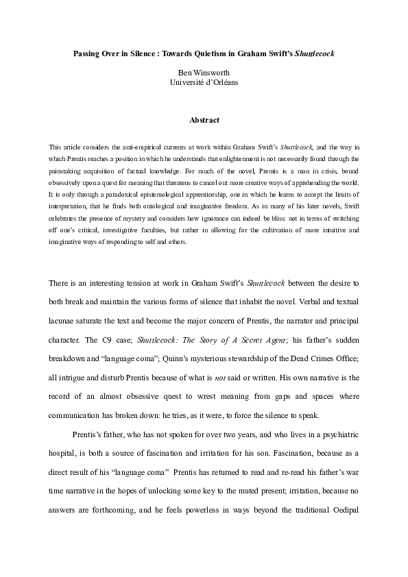 (DOC) Passing Over in Silence: Towards Quietism in Graham Swift’s ...