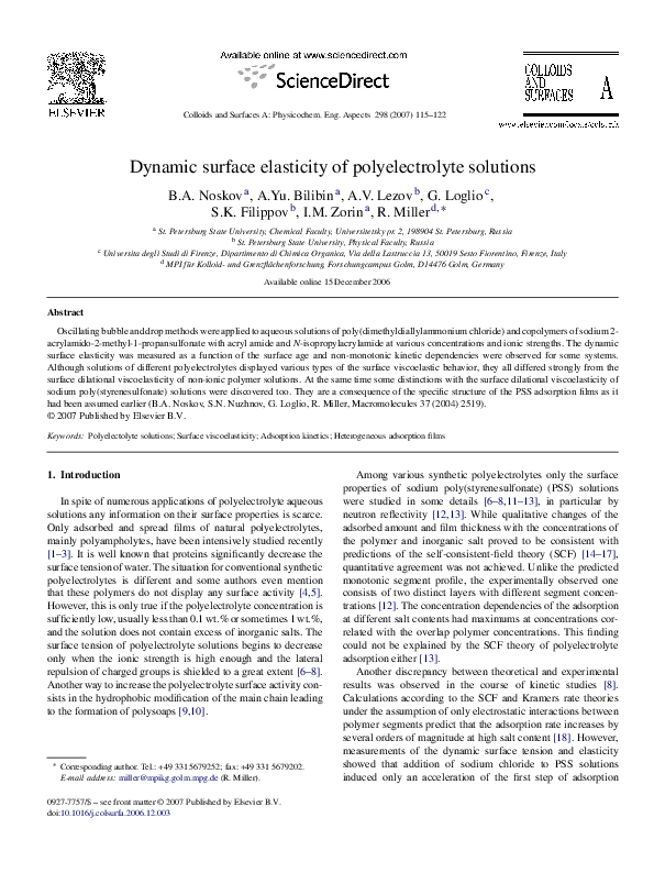 (PDF) Dynamic surface elasticity of polyelectrolyte solutions
