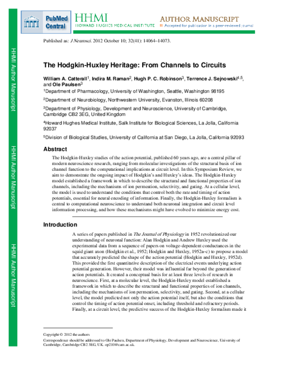 (PDF) The Hodgkin-Huxley Heritage: From Channels to Circuits